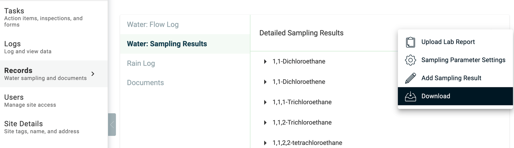 Water: Sampling Results and Flow Log Bulk Download (from Site Dashboard)